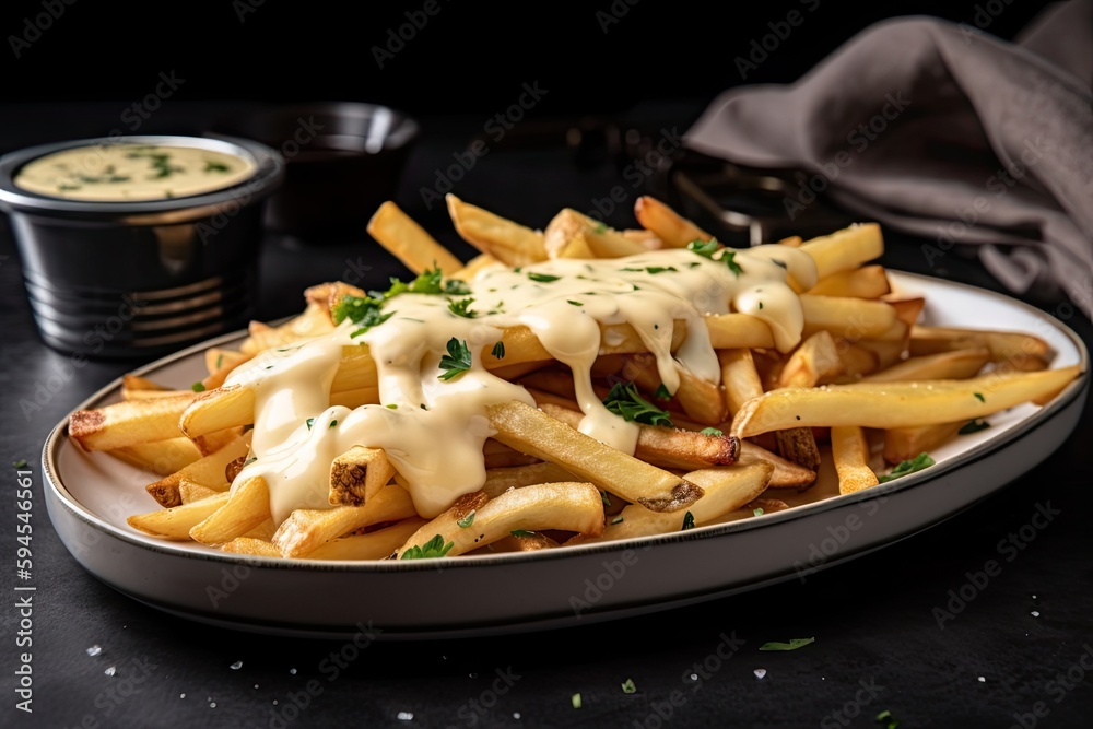 plate of golden and crispy fries, ready to be dipped in warm and creamy ...