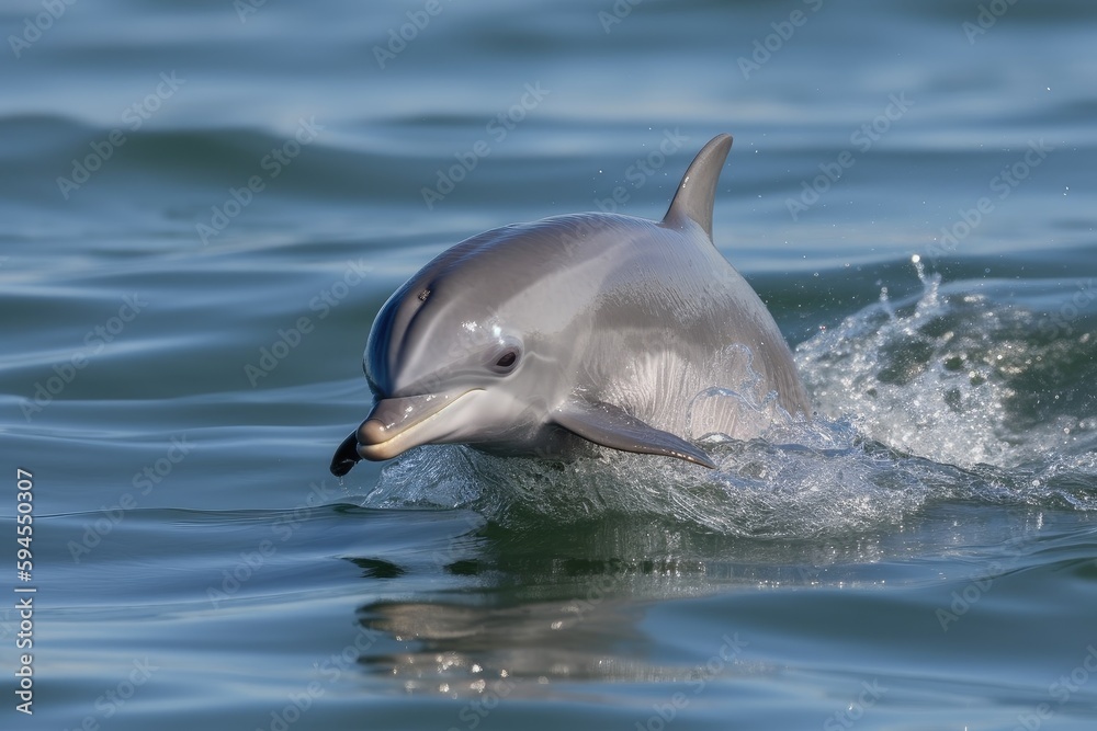 baby dolphin leaping out of the water, with its belly and fins in full ...