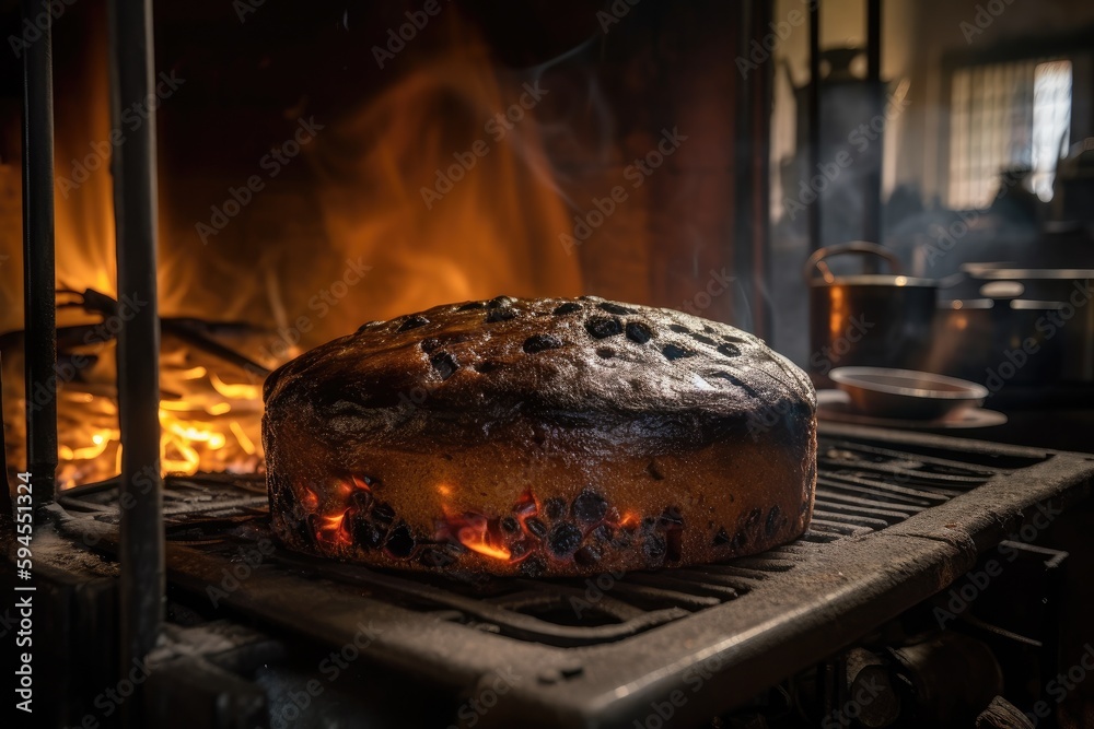 fruitcake being baked in a traditional oven, with flames and smoke ...