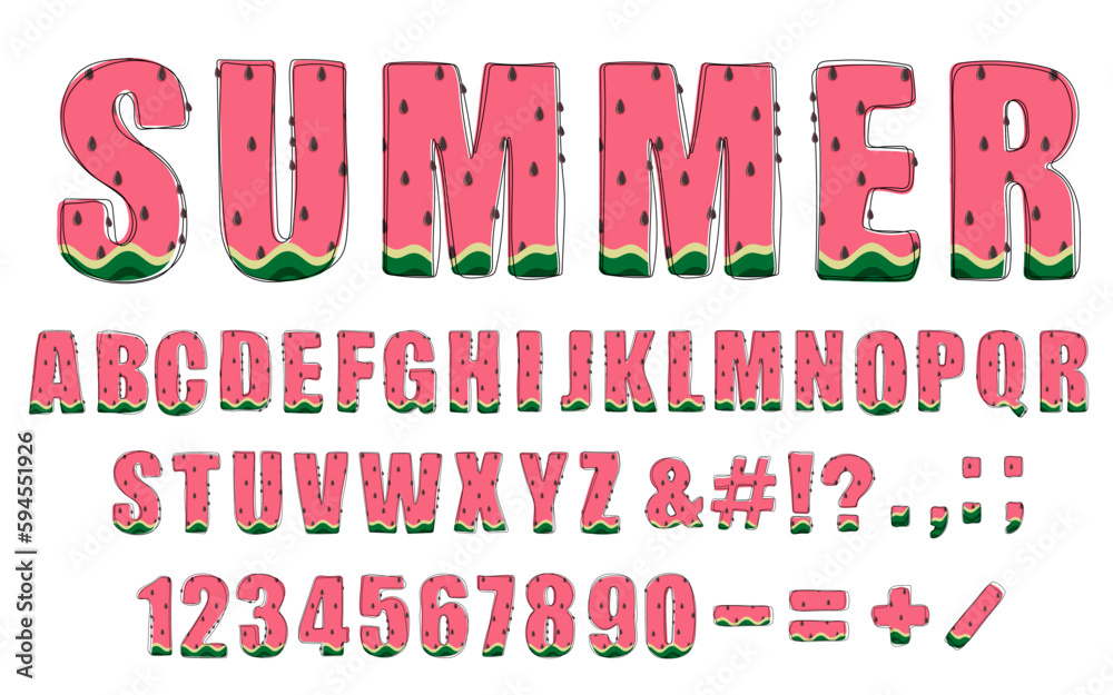 Summer watermelon trendy alphabet. Hand drawn doodle font with ...