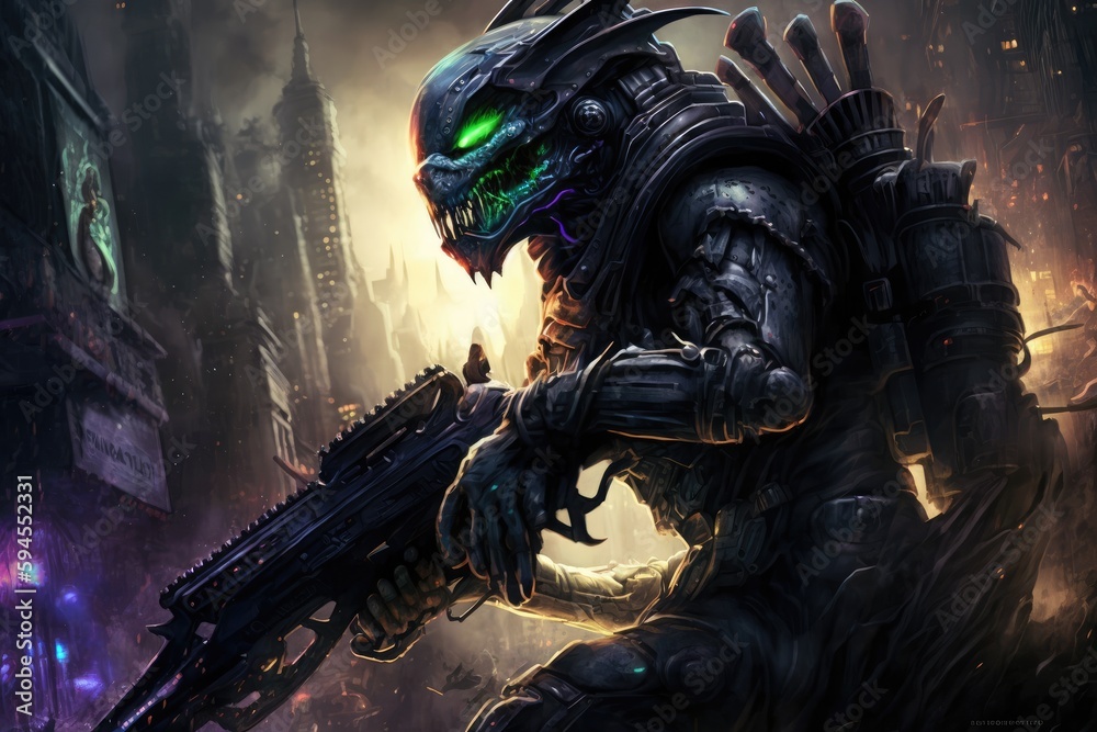 alien, with blaster in hand, defending a city from invading force ...