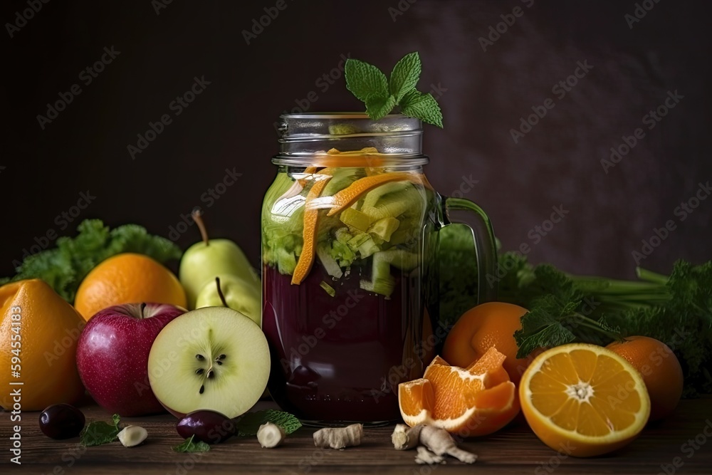 detox juice mixture of fruits and vegetables, ready to be enjoyed ...
