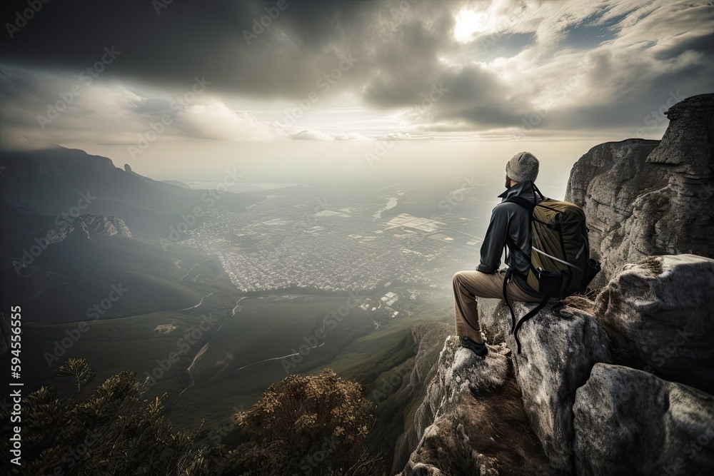 outdoor adventurer climbing mountain, with breathtaking view of the ...