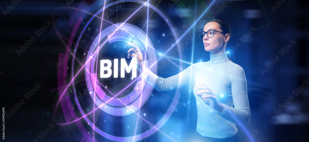 BIM Building information modeling technology concept. Woman pressing ...