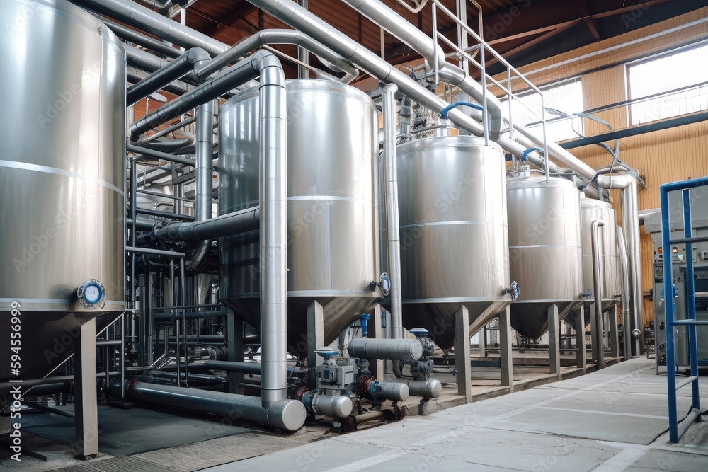 chemical plant, with pipes and tanks delivering raw materials and ...