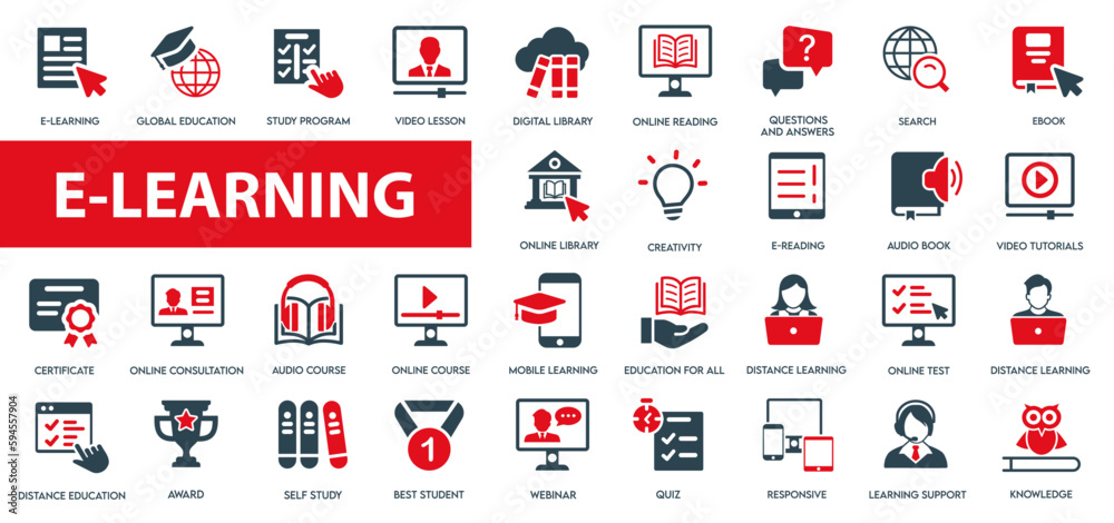 E-learning, online education icons set. 60 Electronic learning icons ...