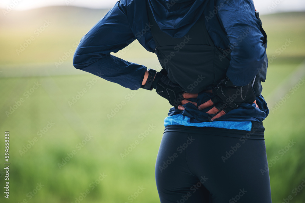 Back pain, fitness and sports woman outdoor with scoliosis, health risk ...