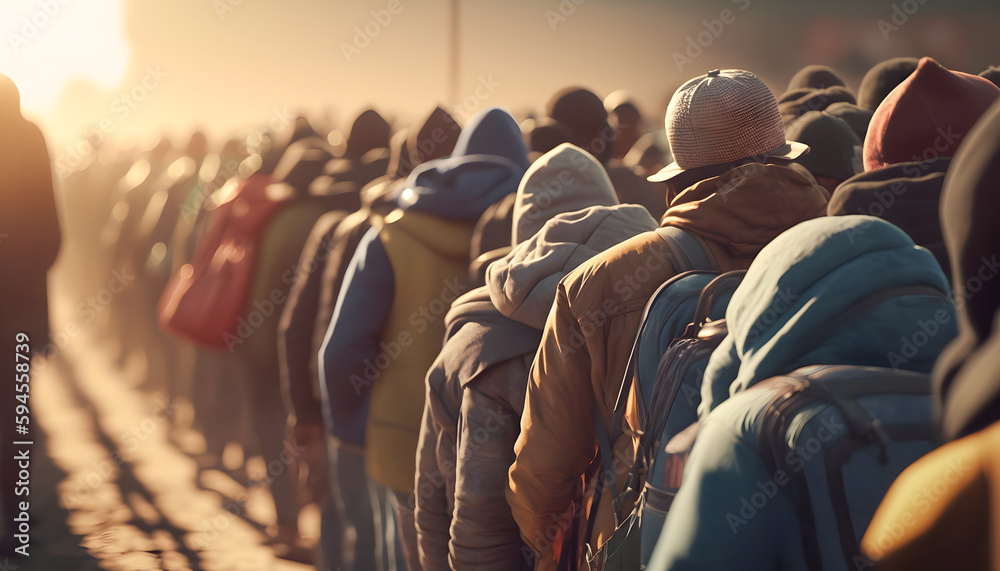 Refugee immigrants queue along high border of country. Generation AI ...