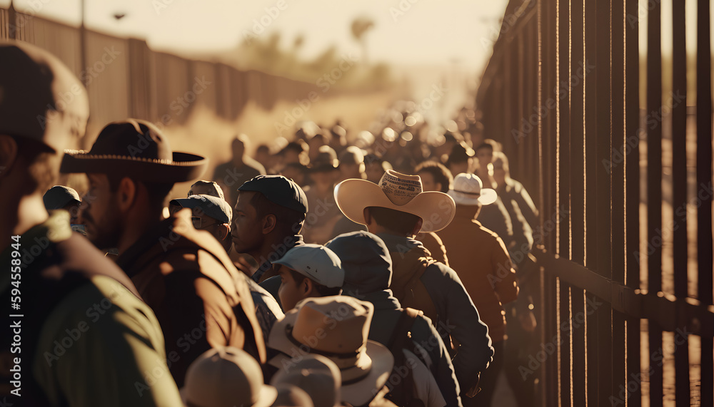 Refugee immigrants queue along high border fence Mexico and USA ...