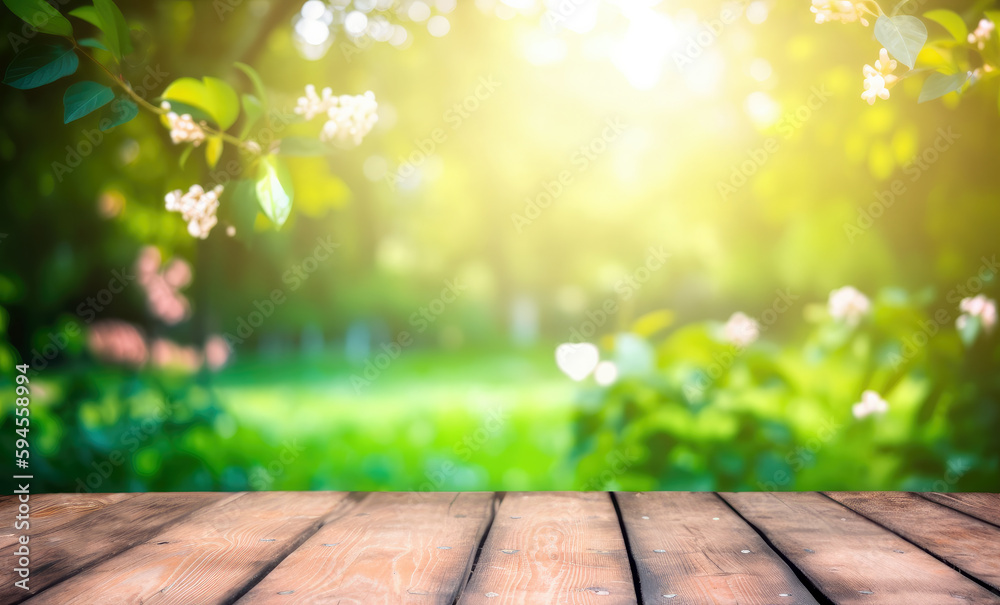 Wooden table in front of blurred spring garden background with bokeh ...