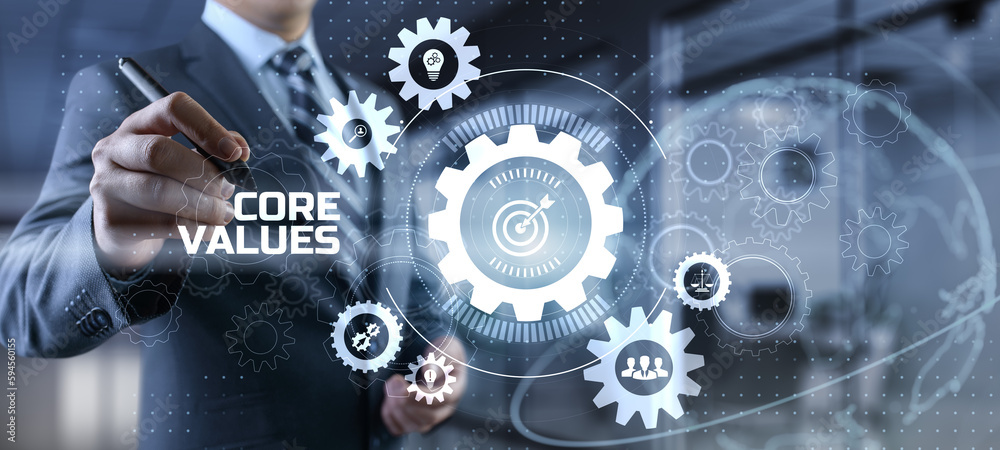 Core values Responsibility Innovation. Businessman pressing button on ...