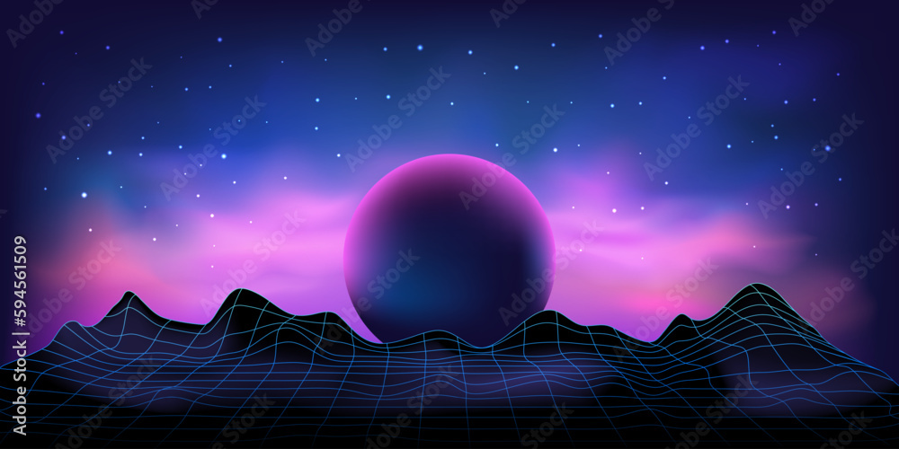Futuristic retro landscape in 80s style. Polygon map of the area ...