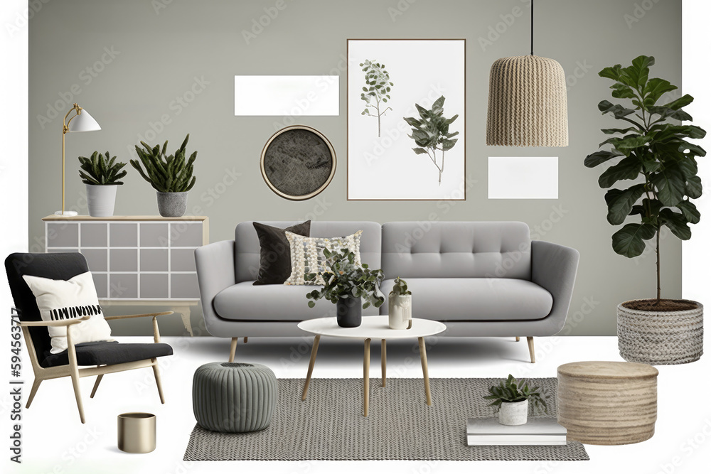 Interior design moodboard with modern living room furniture, home accessories, materials ...