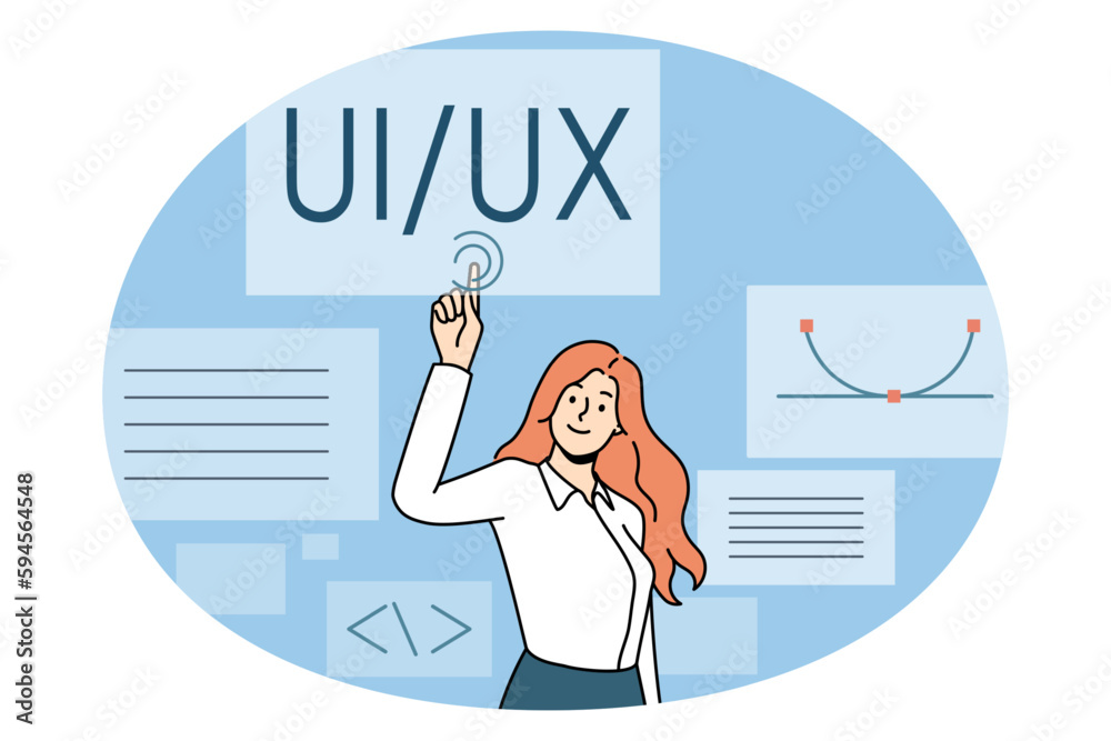 User interface and experience concept. Young woman web designer ...