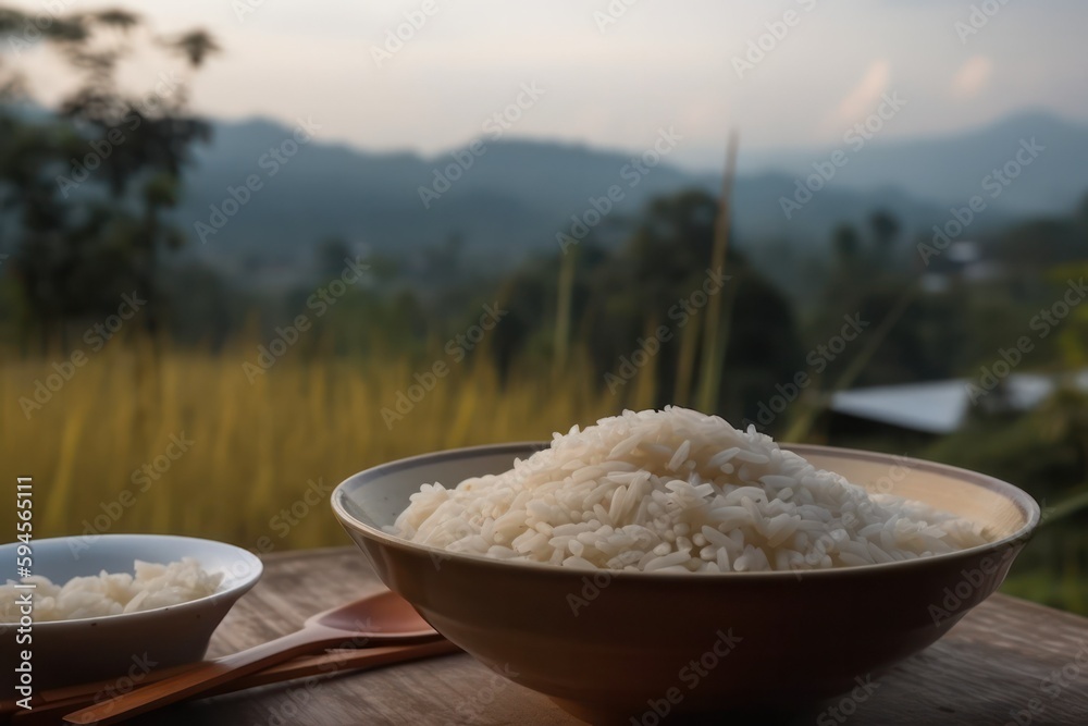 Asian uncooked white and dark rice on rice field background. rice ...