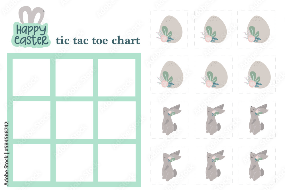 Vetor de Vector Easter tic tac toe chart with cute bunny and egg ...