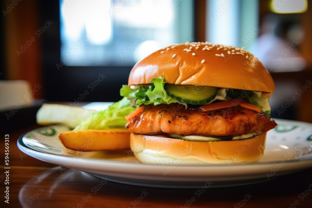 Teriyaki salmon burger, with a grilled salmon fillet, teriyaki sauce ...