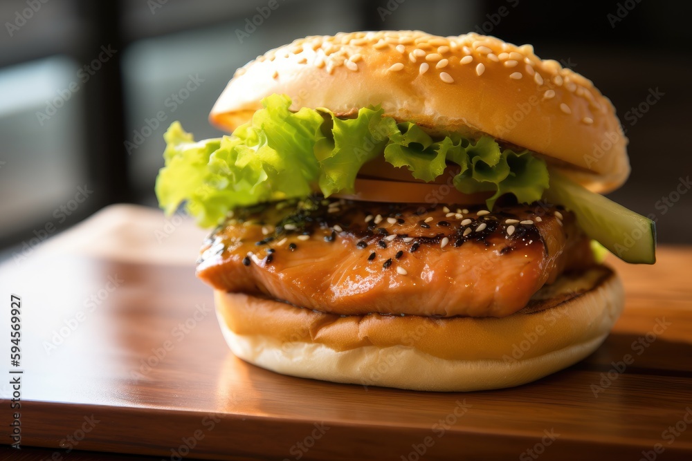 ภาพประกอบสต็อก Salmon burger, with a grilled salmon fillet, teriyaki ...