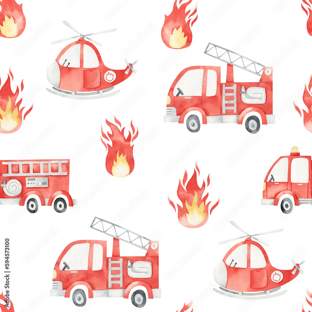 Seamless pattern with red fire trucks, helicopters and fire on a white ...
