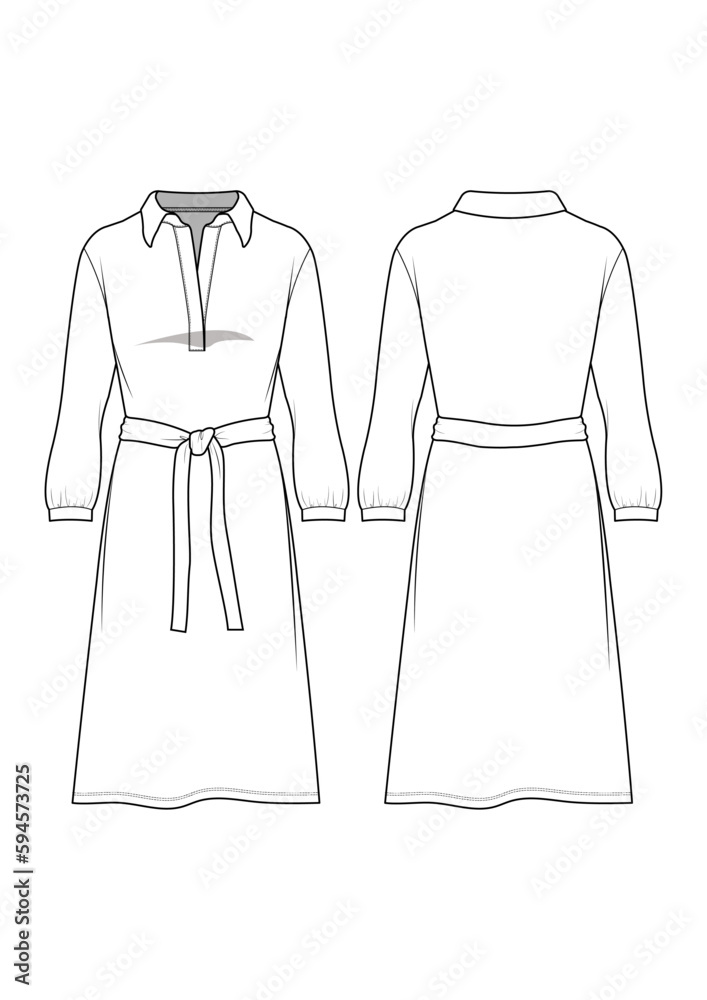 Womenswear shirt collar fit and flare dress technical drawing / flat ...