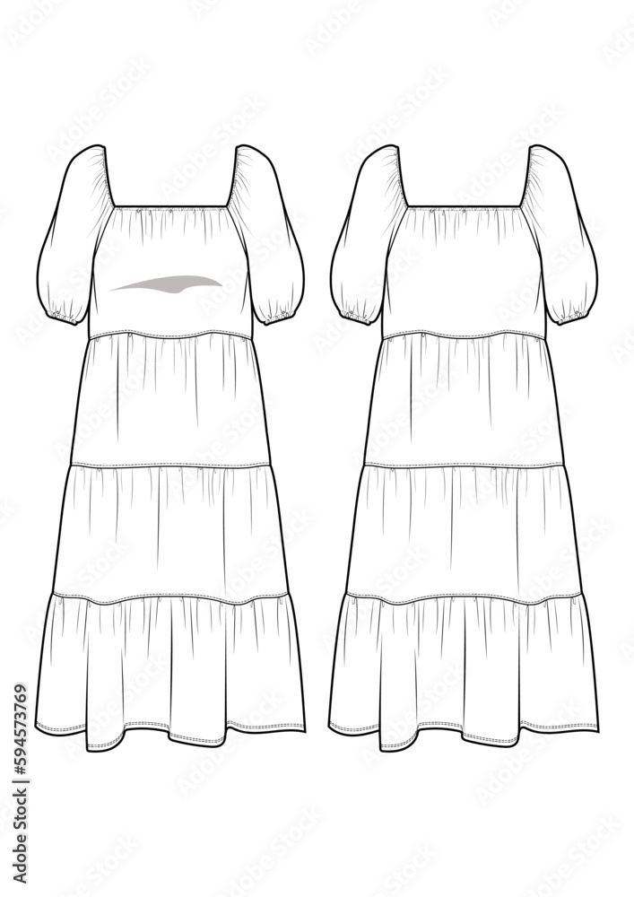 Womenswear puff sleeve and tiered dress technical drawing / flat sketch ...