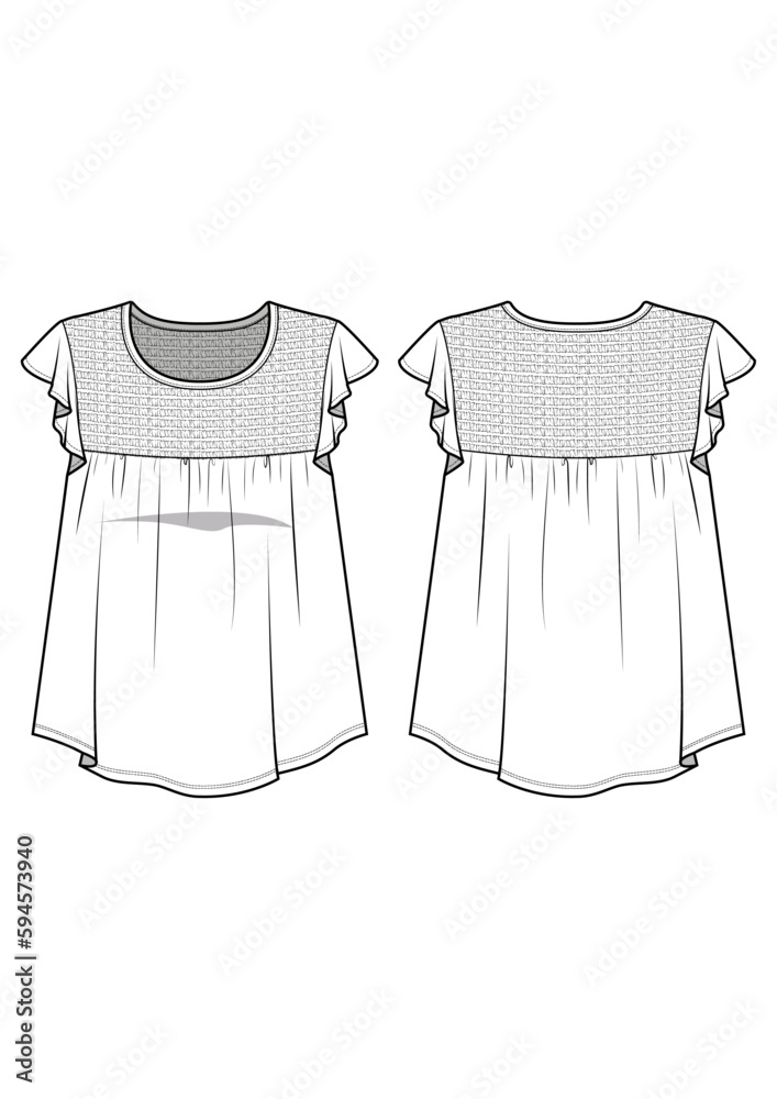Womenswear smocked yoke with fluuter sleeve babydoll top technical ...
