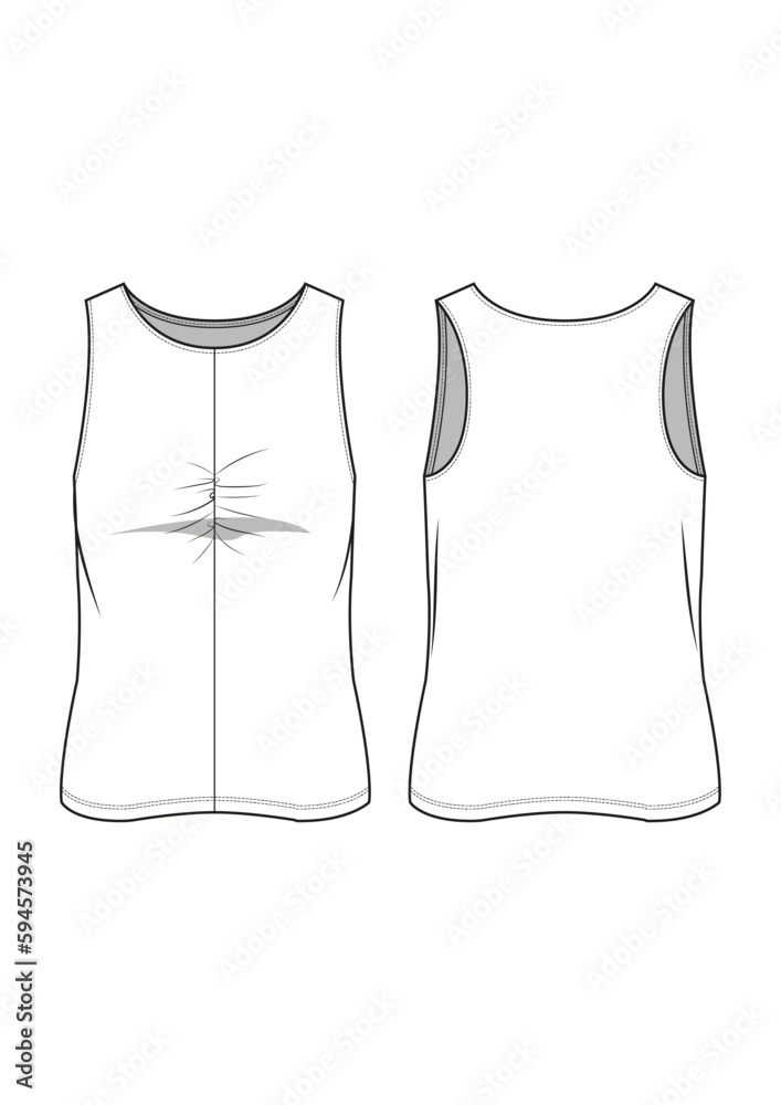 Womenswear active tank top with center ruching detail technical drawing ...