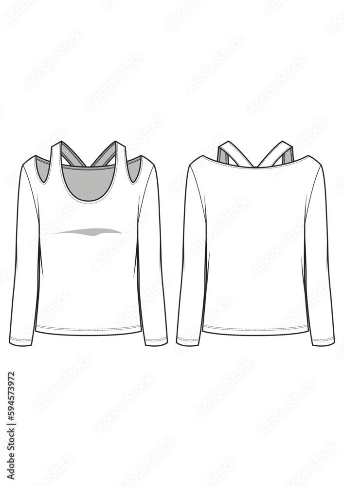 Womenswear strap cutout detail long sleeve top technical drawing / flat ...