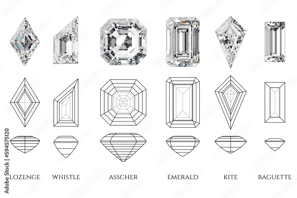 Step-cut diamonds of various shapes with diagrams. 3d illustration ...