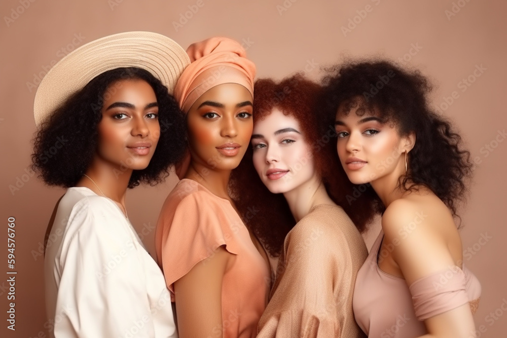 Portrait of caucasian, mestizo and black young women on beige ...