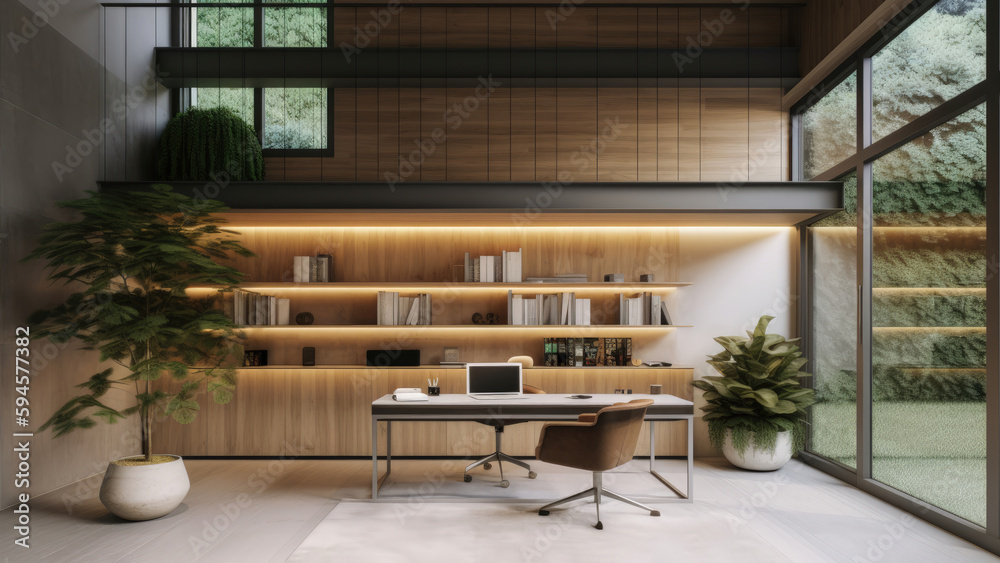 A minimalistic home office with high ceiling, floor-to-ceiling glass ...