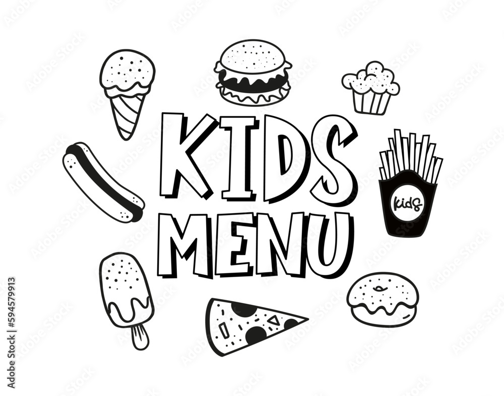 Kids menu. Logo for banner, flyer, poster design. Meal menu vector ...