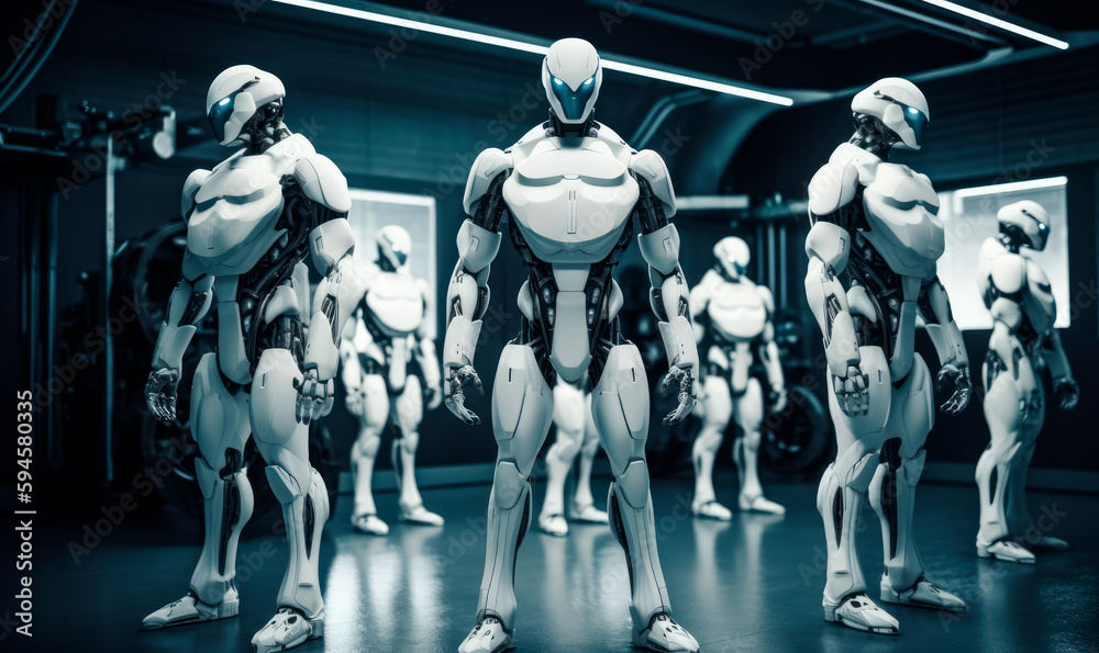 Humanoid robots in a gym, artificial intelligence in sport. Generative ...