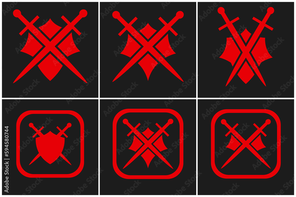 Set of abstract shield and sword icons. Red shield and sword military ...