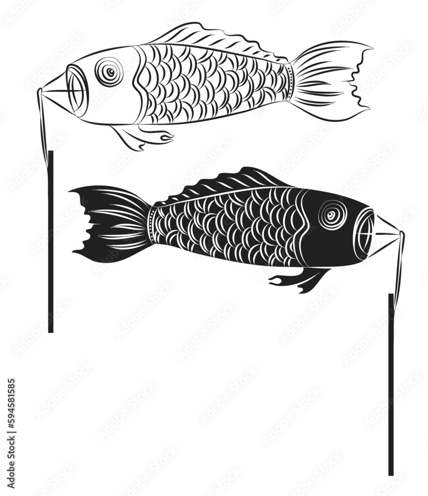koi carp flag vector.Japanese carp drawing.Hand drawn line art of fish ...