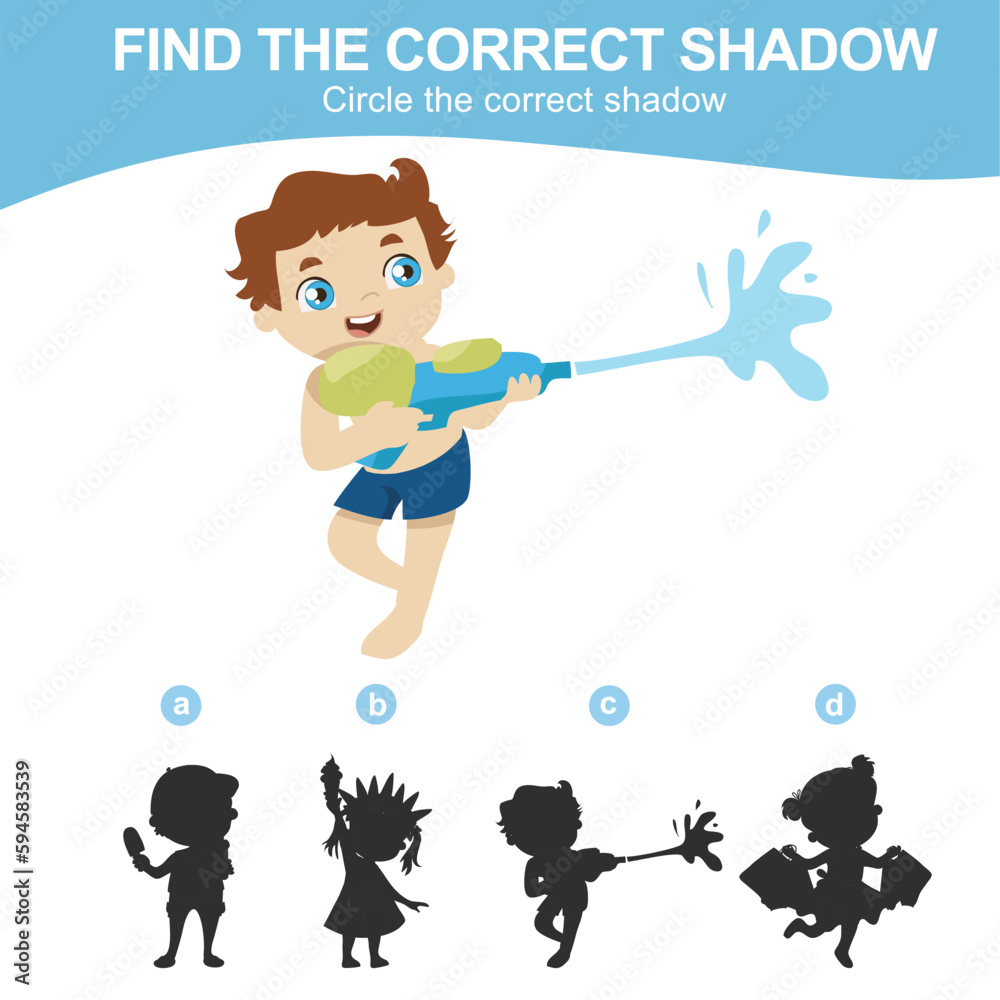 Summer theme find the correct shadow for kids. Find the shadow of a boy ...