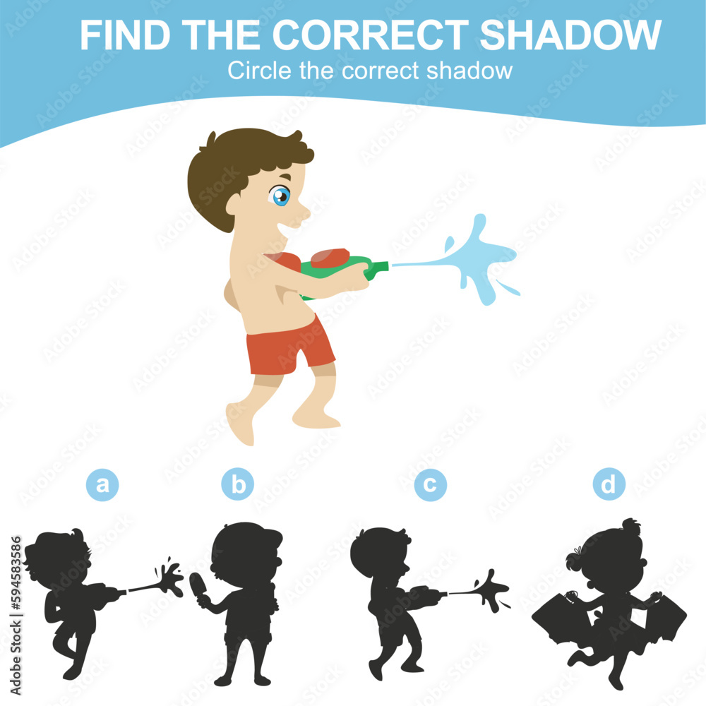 Summer theme find the correct shadow for kids. Find the shadow of a boy ...