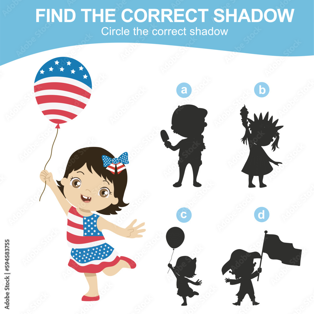 4th of July find the correct shadow for kids. Find the shadow of a cute ...
