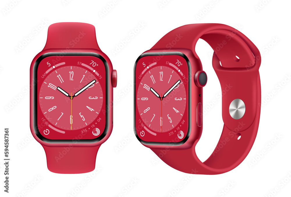 Apple Watch Series 8, in front side and sideways, in official red color ...