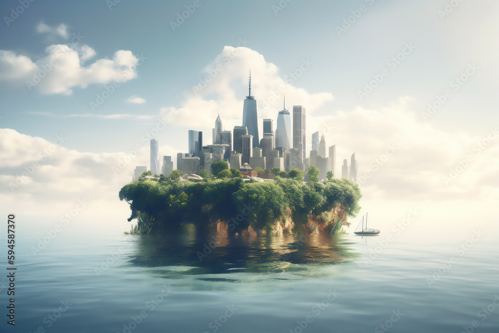 Skyline of a city on a floating island surrounded by water due to ...