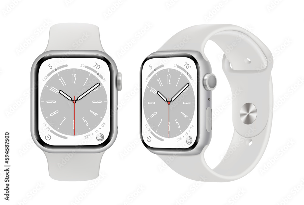 Apple Watch Series 8, in front side and sideways, in official silver ...