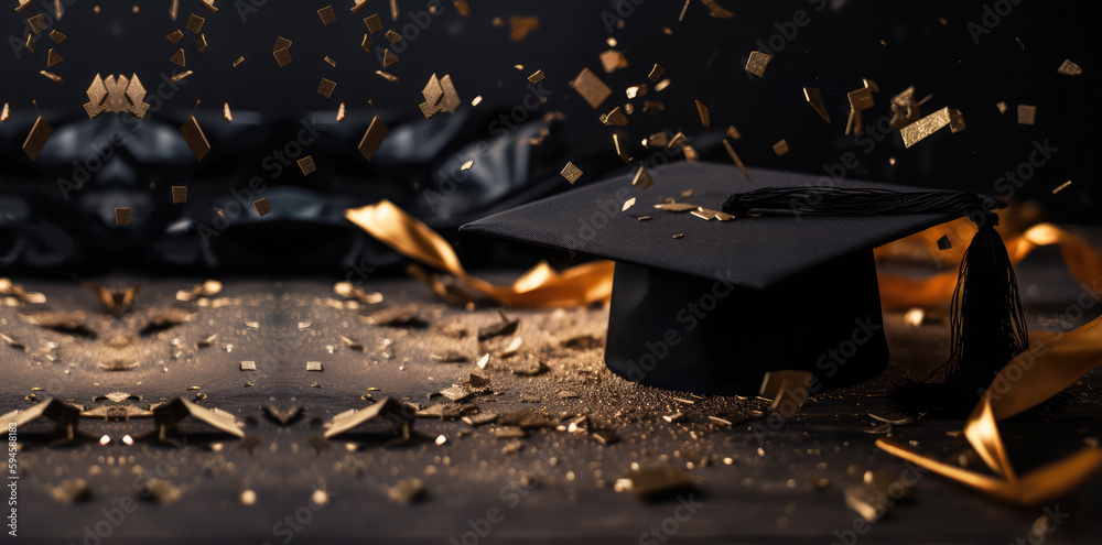 graduation cap hat with exploding falling glitter confetti. dark black ...