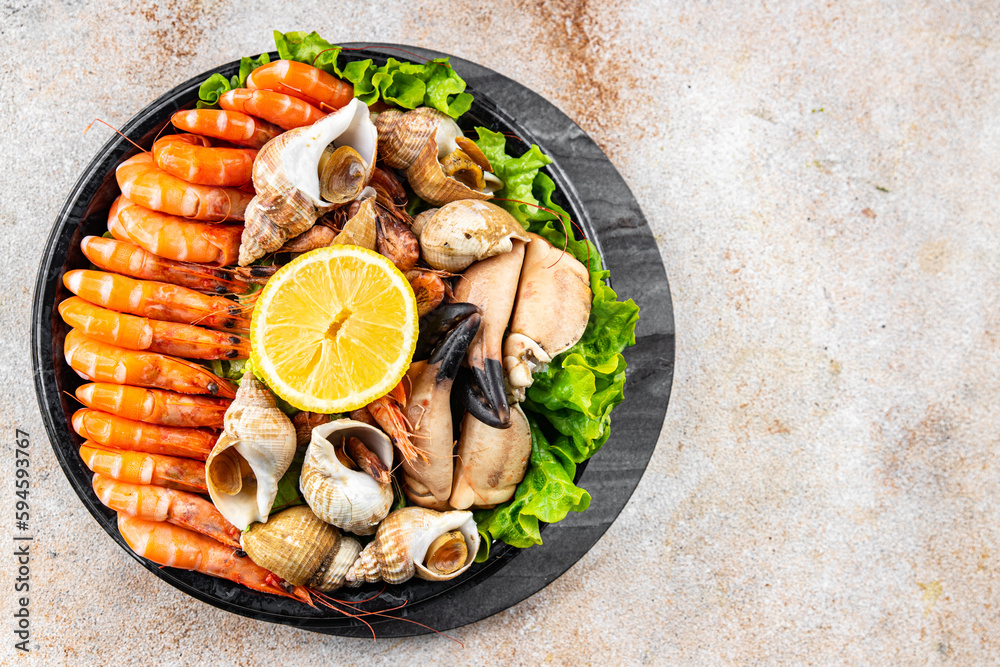 seafood platter Fruits de mer shrimp, crab claw, clam, rapan, trumpeter ...
