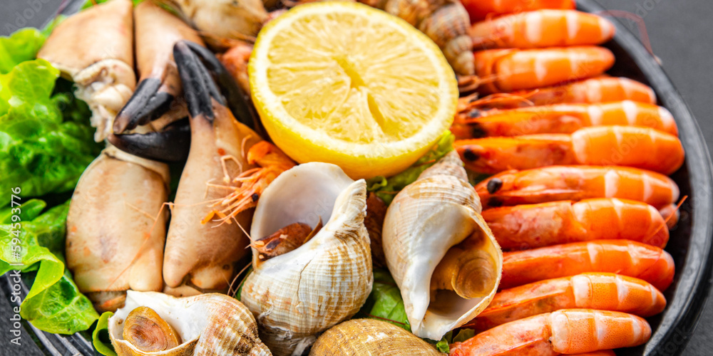 seafood platter Fruits de mer shrimp, crab claw, clam, rapan, trumpeter ...