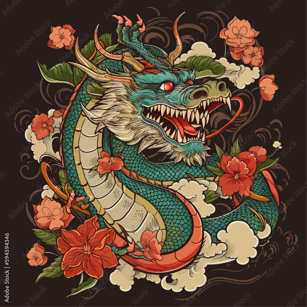 Chinese Dragon tattoo design 2d illustration. Traditional mystical ...