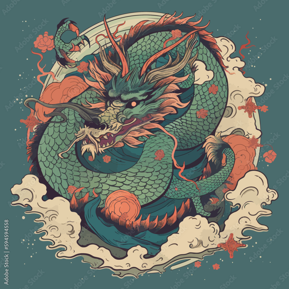 Chinese Dragon tattoo design 2d illustration. Traditional mystical ...