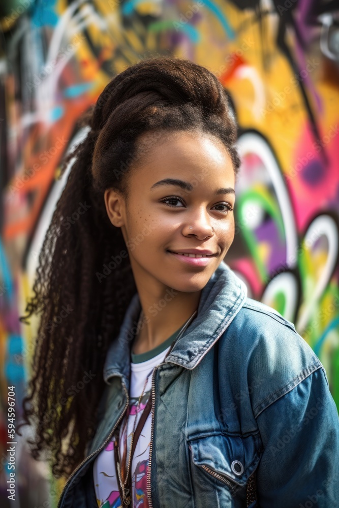 A young black female graffiti artist standing proudly in front of a ...