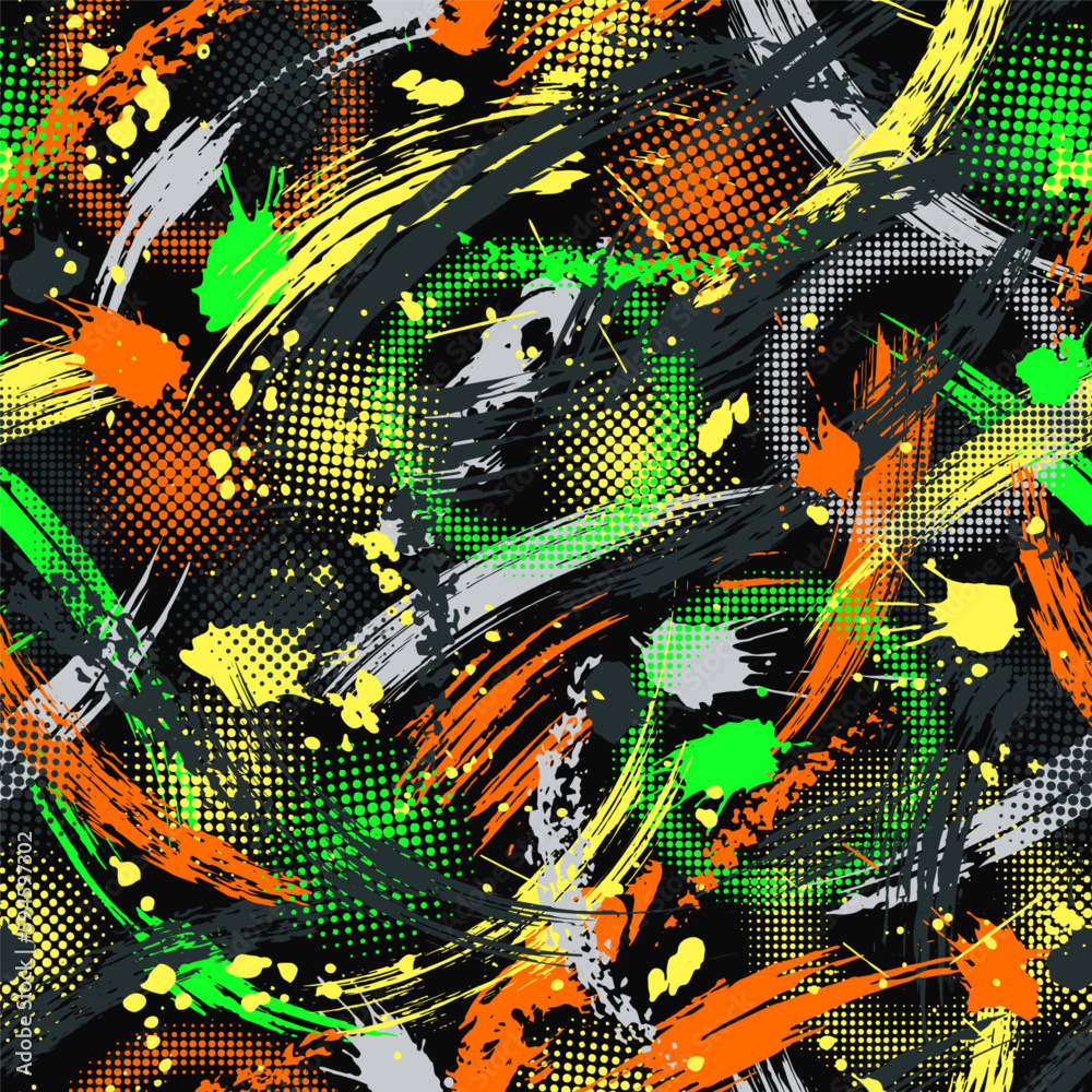 Abstract neon fluorescent pattern with splattered paint, grunge paint ...