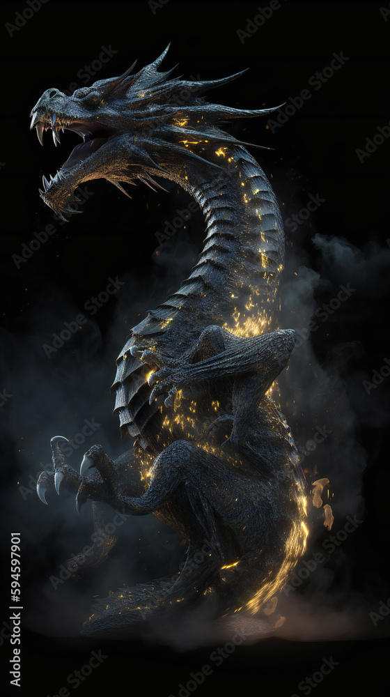 Electric blue dragon breathing fire in darkness, highly detailed art of ...