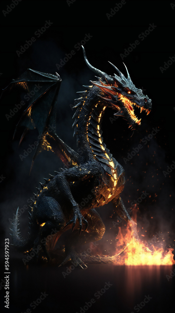 Powerful dragon breathing fire in darkness, mythical creature ...
